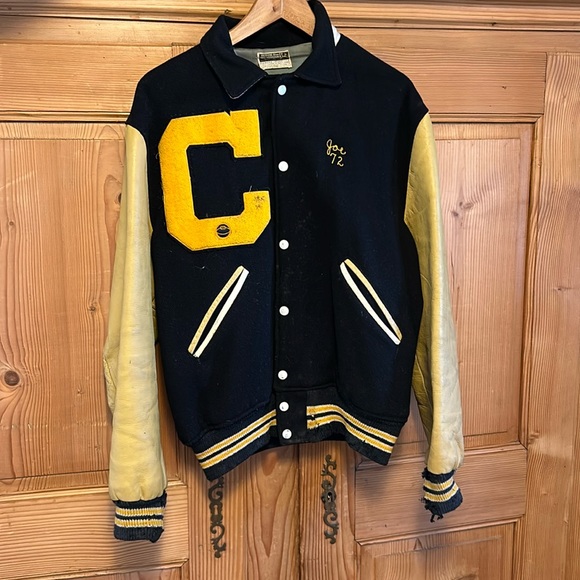Vintage | Jackets & Coats | Vintage Leather Wool Varsity Lettermans Jacket Black Tan Yellow ...